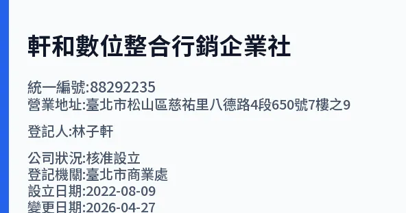 軒和數位整合行銷企業社的照片-統編 88292235(臺北市) 公司登記資料與營業項目詳細圖表
