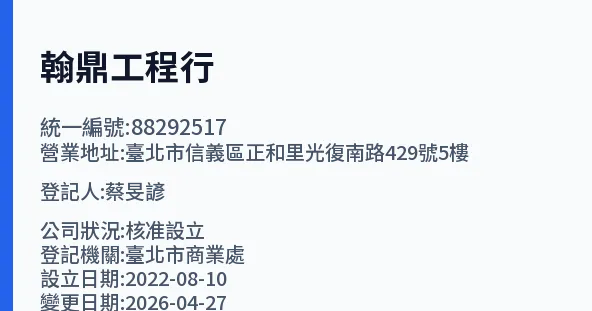 翰鼎工程行的照片-統編 88292517(臺北市) 公司登記資料與營業項目詳細圖表