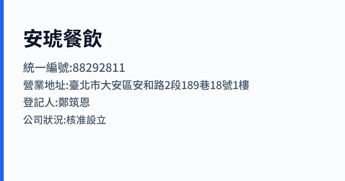 安琥餐飲 - 統編 88292811(臺北市) 公司登記資料與營業項目詳細圖表