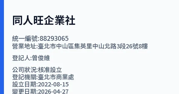 同人旺企業社的照片-統編 88293065(臺北市) 公司登記資料與營業項目詳細圖表