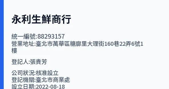 永利生鮮商行的照片-統編 88293157(臺北市) 公司登記資料與營業項目詳細圖表