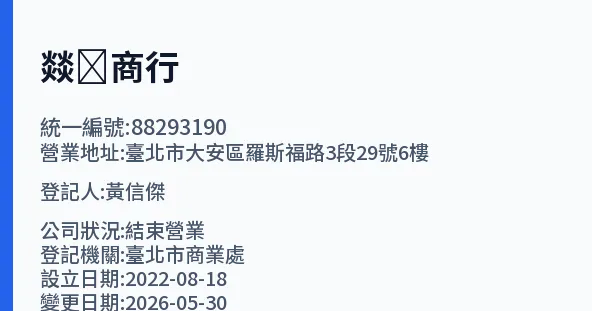 燚篒商行的照片-統編 88293190(臺北市) 公司登記資料與營業項目詳細圖表