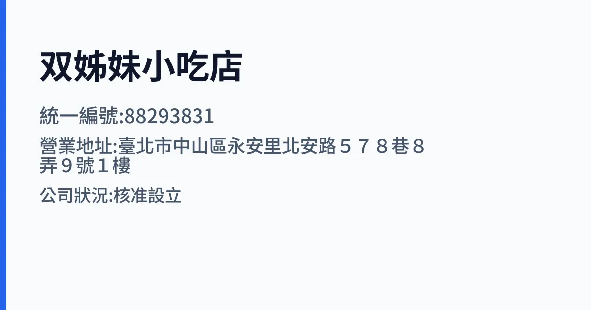双姊妹小吃店 - 統編 88293831(臺北市) 公司登記資料與營業項目詳細圖表