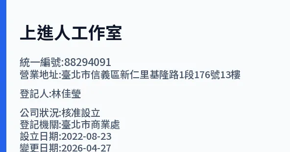 上進人工作室的照片-統編 88294091(臺北市) 公司登記資料與營業項目詳細圖表