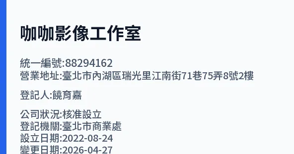 咖咖影像工作室的照片-統編 88294162(臺北市) 公司登記資料與營業項目詳細圖表