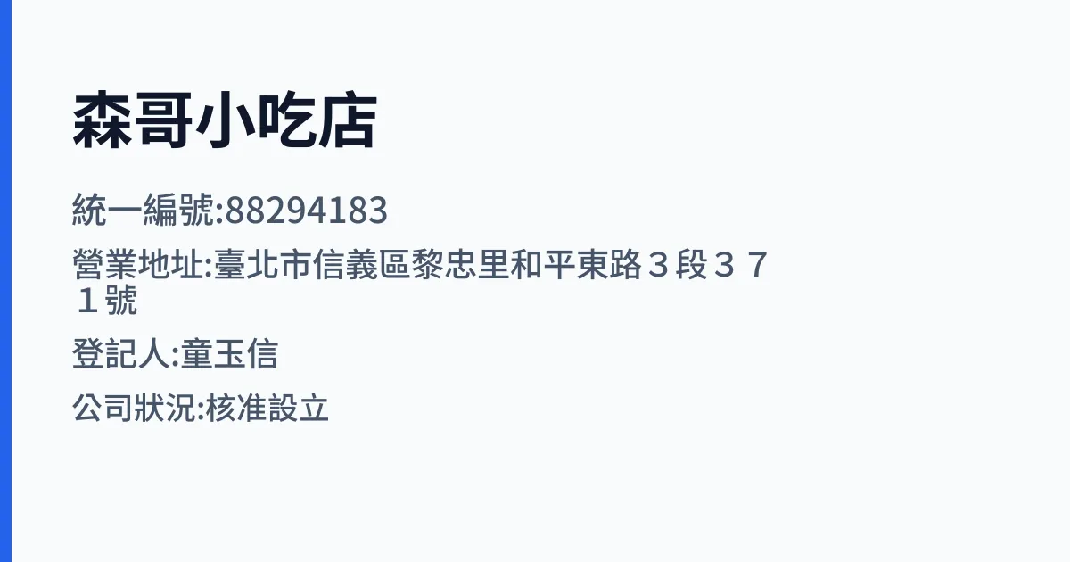 森哥小吃店 - 統編 88294183(臺北市) 公司登記資料與營業項目詳細圖表