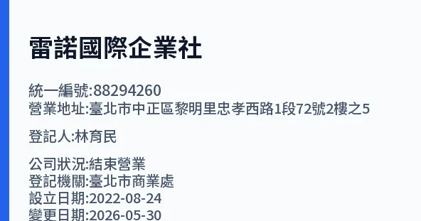 雷諾國際企業社的照片-統編 88294260(臺北市) 公司登記資料與營業項目詳細圖表