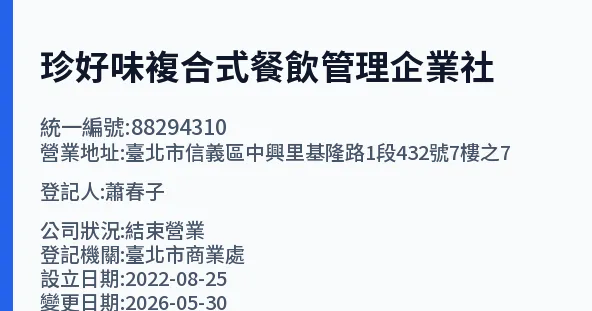 珍好味複合式餐飲管理企業社的照片-統編 88294310(臺北市) 公司登記資料與營業項目詳細圖表