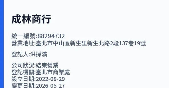 成林商行的照片-統編 88294732(臺北市) 公司登記資料與營業項目詳細圖表