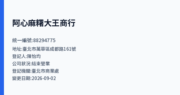 阿心麻糬大王商行的照片-統編 88294775(臺北市) 公司登記資料與營業項目詳細圖表