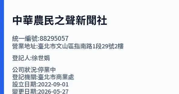 中華農民之聲新聞社的照片-統編 88295057(臺北市) 公司登記資料與營業項目詳細圖表