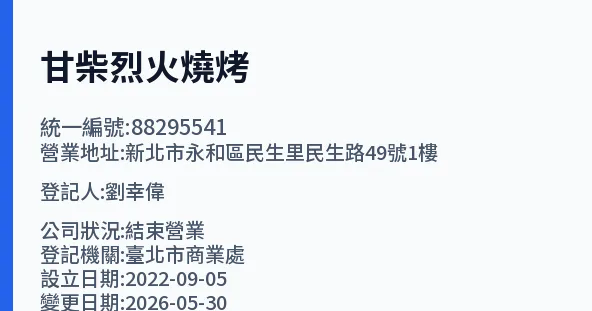 甘柴烈火燒烤的照片-統編 88295541(新北市) 公司登記資料與營業項目詳細圖表