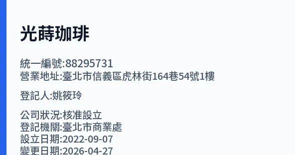 光蒔珈琲的照片-統編 88295731(臺北市) 公司登記資料與營業項目詳細圖表