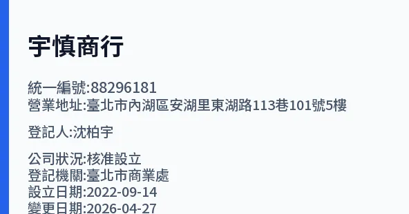 宇慎商行的照片-統編 88296181(臺北市) 公司登記資料與營業項目詳細圖表