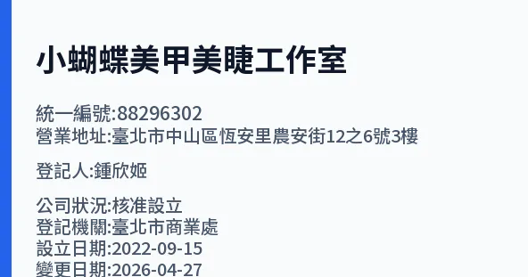 小蝴蝶美甲美睫工作室的照片-統編 88296302(臺北市) 公司登記資料與營業項目詳細圖表