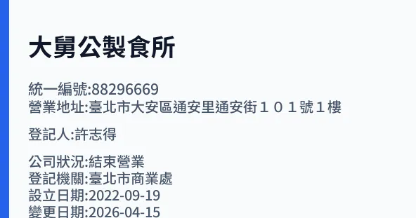 大舅公製食所的照片-統編 88296669(臺北市) 公司登記資料與營業項目詳細圖表