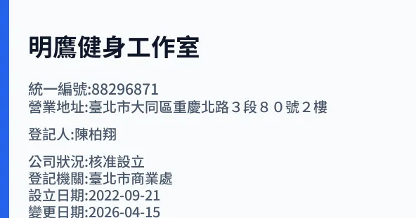 明鷹健身工作室的照片-統編 88296871(臺北市) 公司登記資料與營業項目詳細圖表