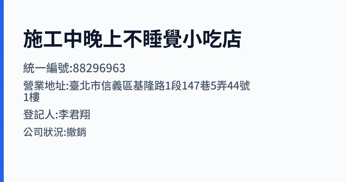 施工中晚上不睡覺小吃店 - 統編 88296963(桃園市) 公司登記資料與營業項目詳細圖表
