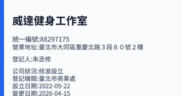 威達健身工作室的照片-統編 88297175(臺北市) 公司登記資料與營業項目詳細圖表