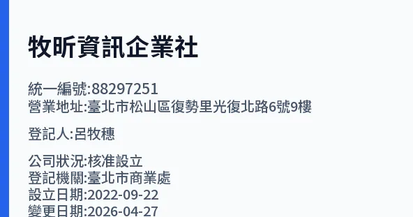 牧昕資訊企業社的照片-統編 88297251(臺北市) 公司登記資料與營業項目詳細圖表