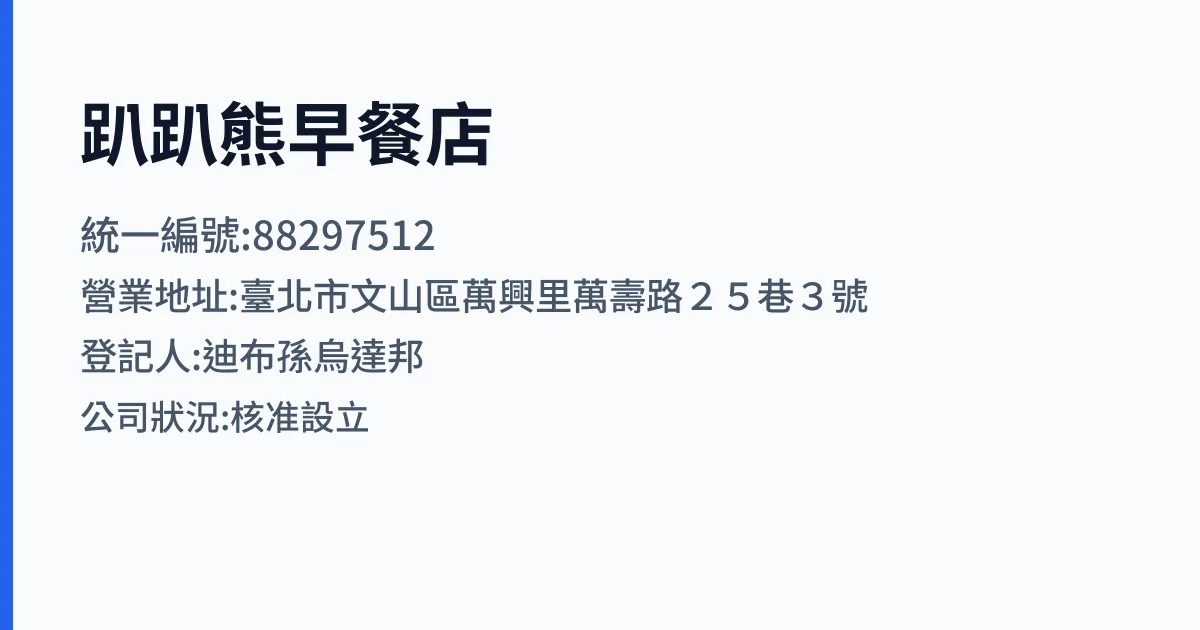 趴趴熊早餐店 - 統編 88297512(臺北市) 公司登記資料與營業項目詳細圖表
