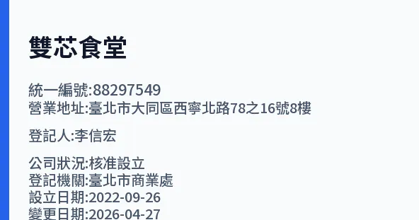 雙芯食堂的照片-統編 88297549(臺北市) 公司登記資料與營業項目詳細圖表