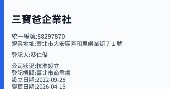 三寶爸企業社的照片-統編 88297870(臺北市) 公司登記資料與營業項目詳細圖表