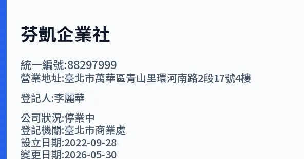 芬凱企業社的照片-統編 88297999(臺北市) 公司登記資料與營業項目詳細圖表
