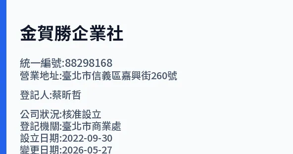 金賀勝企業社的照片-統編 88298168(臺北市) 公司登記資料與營業項目詳細圖表
