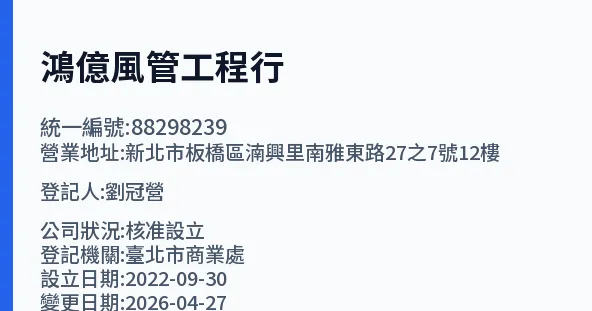 鴻億風管工程行的照片-統編 88298239(新北市) 公司登記資料與營業項目詳細圖表