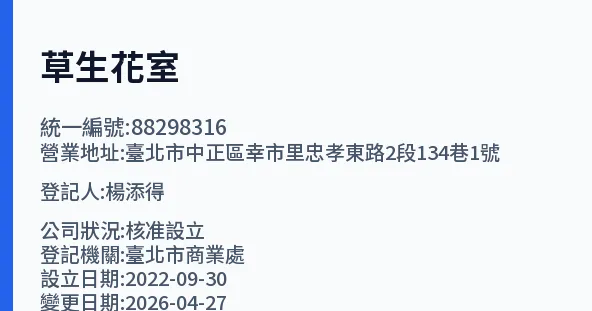 草生花室的照片-統編 88298316(臺北市) 公司登記資料與營業項目詳細圖表