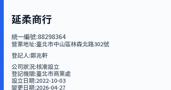 延柔商行的照片-統編 88298364(臺北市) 公司登記資料與營業項目詳細圖表
