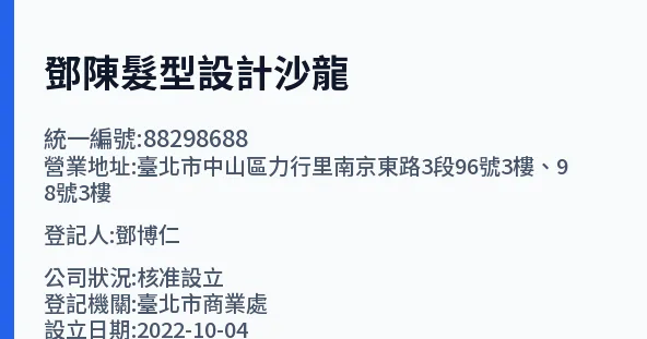鄧陳髮型設計沙龍的照片-統編 88298688(臺北市) 公司登記資料與營業項目詳細圖表