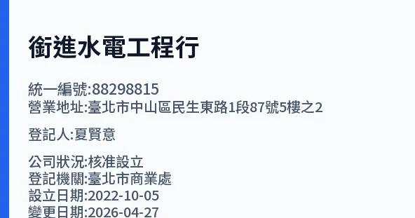 銜進水電工程行的照片-統編 88298815(臺北市) 公司登記資料與營業項目詳細圖表
