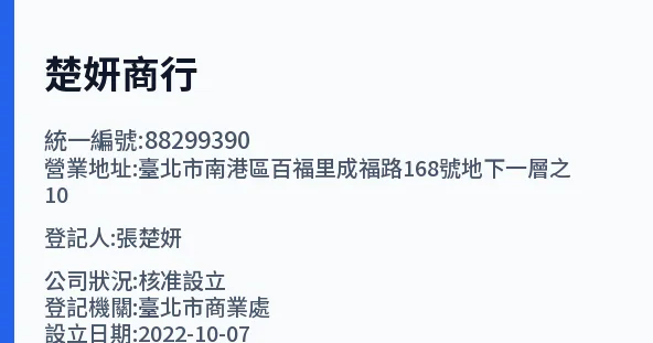 楚妍商行的照片-統編 88299390(臺北市) 公司登記資料與營業項目詳細圖表