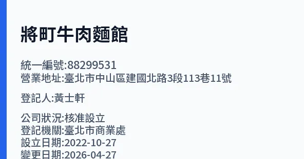 將町牛肉麵館的照片-統編 88299531(臺北市) 公司登記資料與營業項目詳細圖表