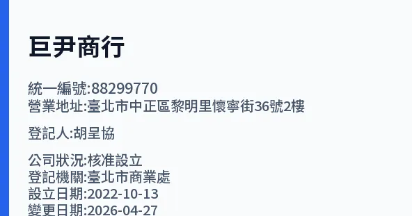 巨尹商行的照片-統編 88299770(臺北市) 公司登記資料與營業項目詳細圖表