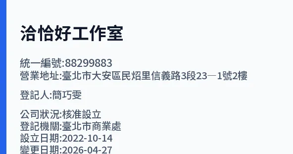 洽恰好工作室的照片-統編 88299883(臺北市) 公司登記資料與營業項目詳細圖表