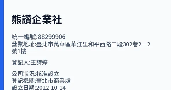 熊讚企業社的照片-統編 88299906(臺北市) 公司登記資料與營業項目詳細圖表