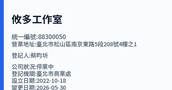 攸多工作室的照片-統編 88300050(臺北市) 公司登記資料與營業項目詳細圖表
