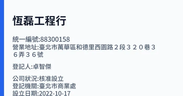 恆磊工程行的照片-統編 88300158(臺北市) 公司登記資料與營業項目詳細圖表