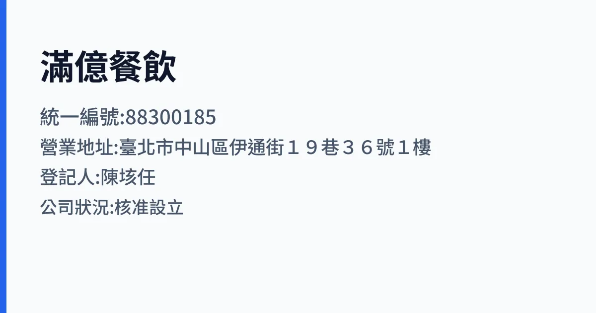 滿億餐飲 - 統編 88300185(臺北市) 公司登記資料與營業項目詳細圖表