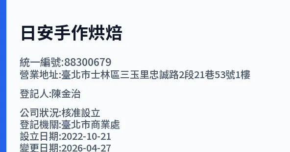 日安手作烘焙的照片-統編 88300679(臺北市) 公司登記資料與營業項目詳細圖表
