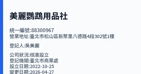 美麗鸚鵡用品社的照片-統編 88300967(臺北市) 公司登記資料與營業項目詳細圖表