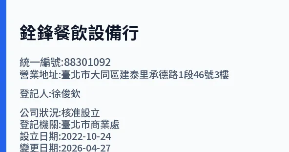 銓鋒餐飲設備行的照片-統編 88301092(臺北市) 公司登記資料與營業項目詳細圖表
