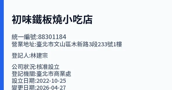 初味鐵板燒小吃店的照片-統編 88301184(臺北市) 公司登記資料與營業項目詳細圖表