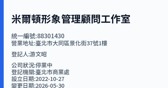 米爾頓形象管理顧問工作室的照片-統編 88301430(臺北市) 公司登記資料與營業項目詳細圖表