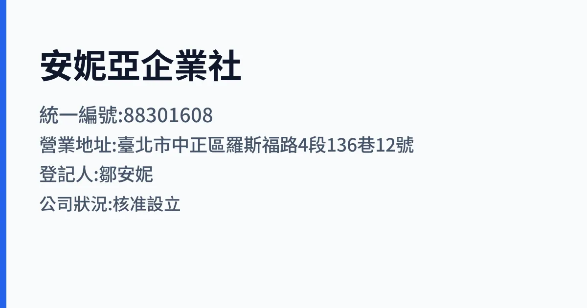 安妮亞企業社 - 統編 88301608(臺北市) 公司登記資料與營業項目詳細圖表