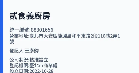 貳食義廚房的照片-統編 88301656(臺北市) 公司登記資料與營業項目詳細圖表