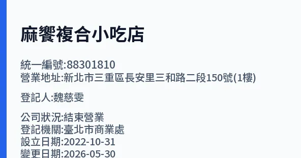 麻饗複合小吃店的照片-統編 88301810(新北市) 公司登記資料與營業項目詳細圖表